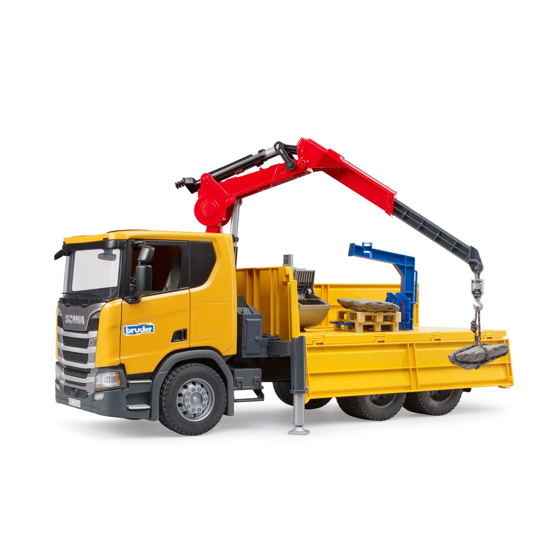 BRUDER SCANIA SUPER 1:16 560R CONTRUCTION TRUCK WITH CRANE & 2 PALLETS ...